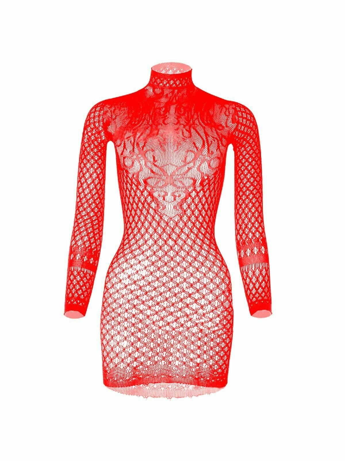 Прозрачное кружевное платье-боди, красный