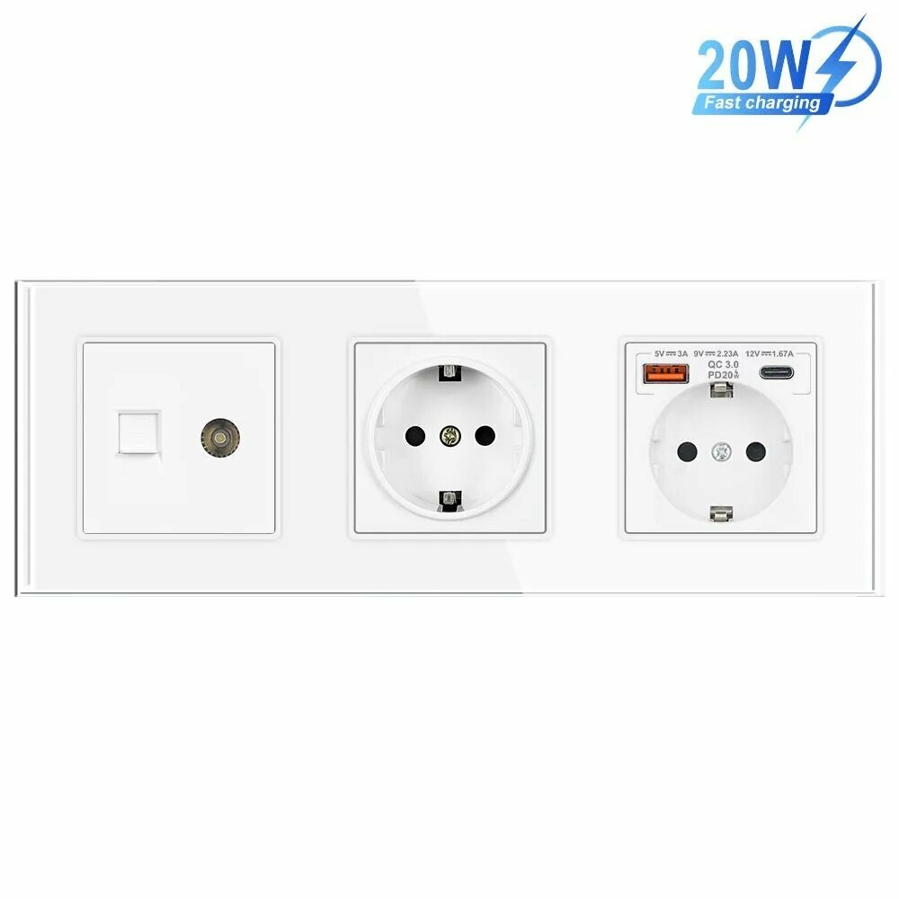 Розетка тройная встраиваемая, компьютерная rj45 CAT6/ТВ +розетки с usb и type-c 20 Вт быстрой зарядки Белый