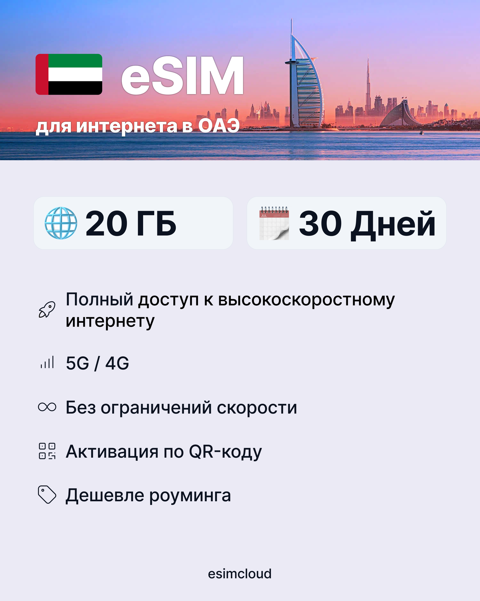ESIM для ОАЭ 20 ГБ / 30 дней • Мобильный интернет • Универсальная eSIM • 4G LTE / 5G • Смартфон и планшет