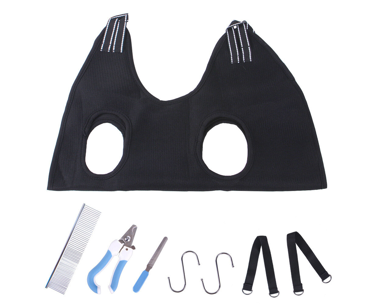 Набор для груминга собак Гамак - Подвесная корзина для стрижки ногтей, Черный, Размер L, Включает 1 гамак для ногтей, 2 расширения, 1 ножницы для ногтей, 1 гребень для груминга, 1 пилка для ногтей
