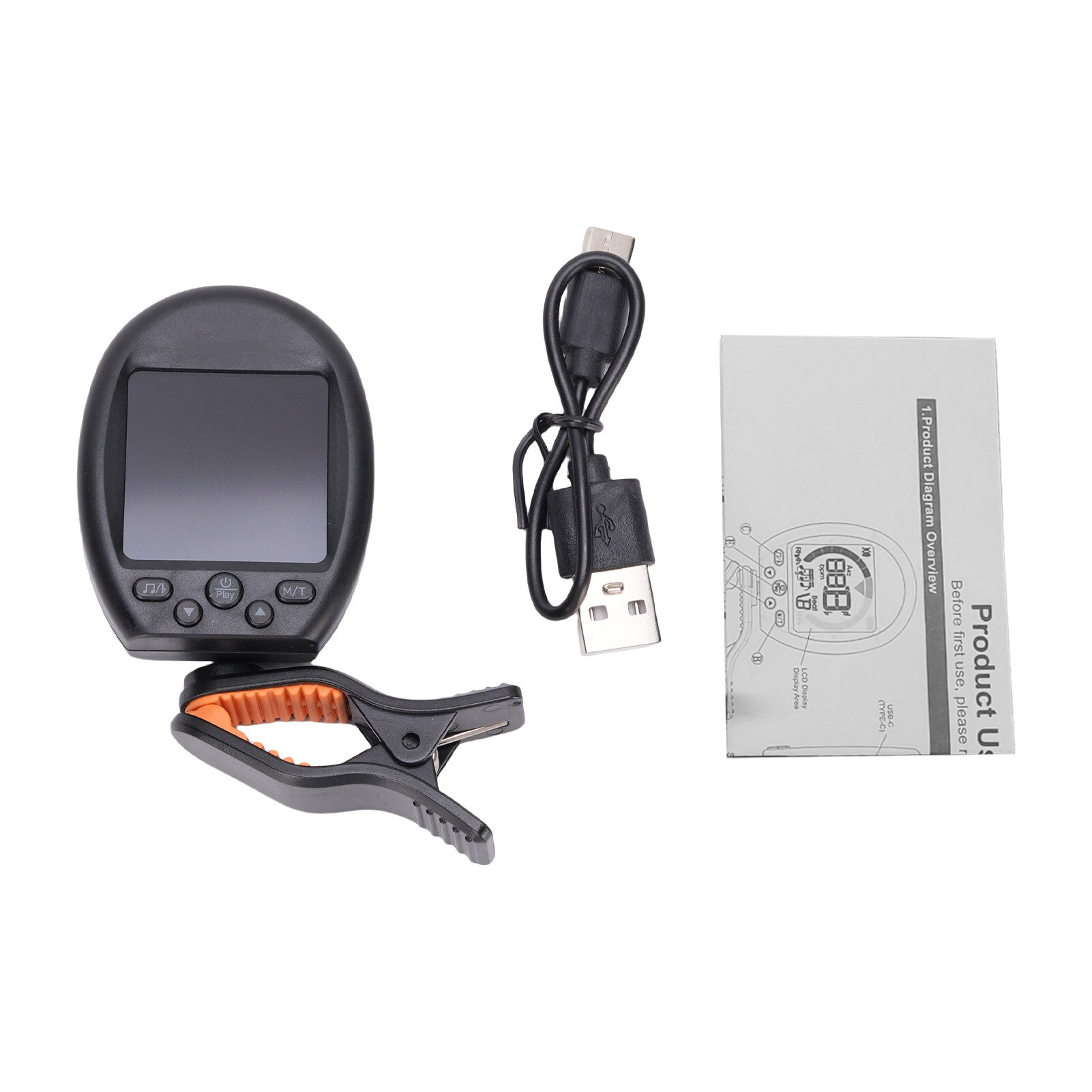 Тюнер для гитары Meideal с креплением на зажим и функцией ритма для хроматической бас-гитары, скрипки, укулеле, с цветным экраном, портативный, вращающийся, черный.