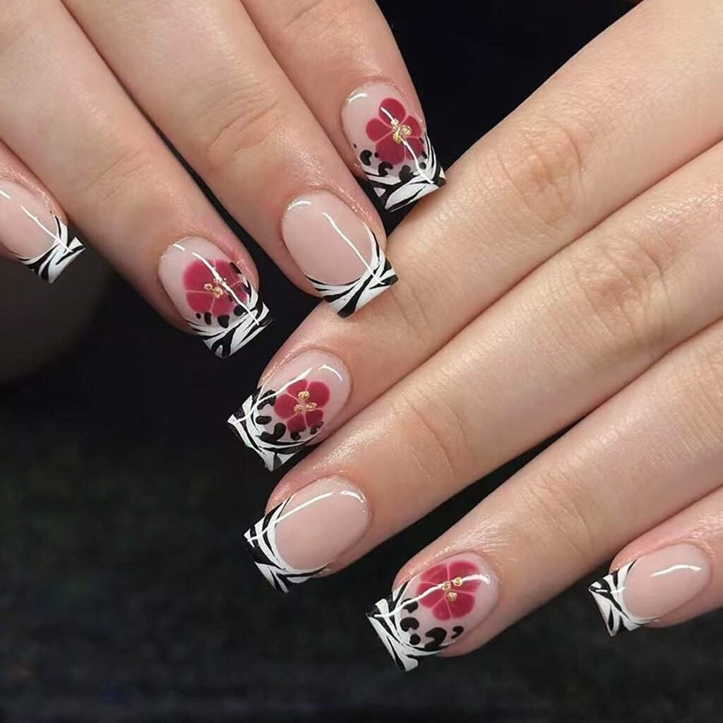 24PCS Glitters Press On Nail Black Red Stripes Floral Design Plastic False Nail