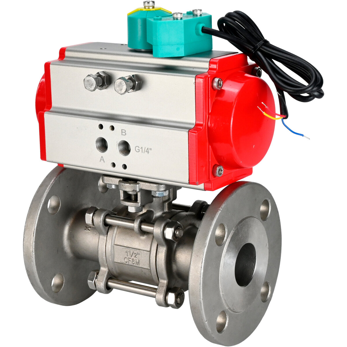 Кран шаровой DN.ru кшфпт-iso.316.180 Ду20 Ру40 полнопроходной трехсоставной, фланцевый, нержавеющая сталь 316, уплотнение - PTFE, с пневмоприводом SA-052 и магнитным переключателем МППП-200