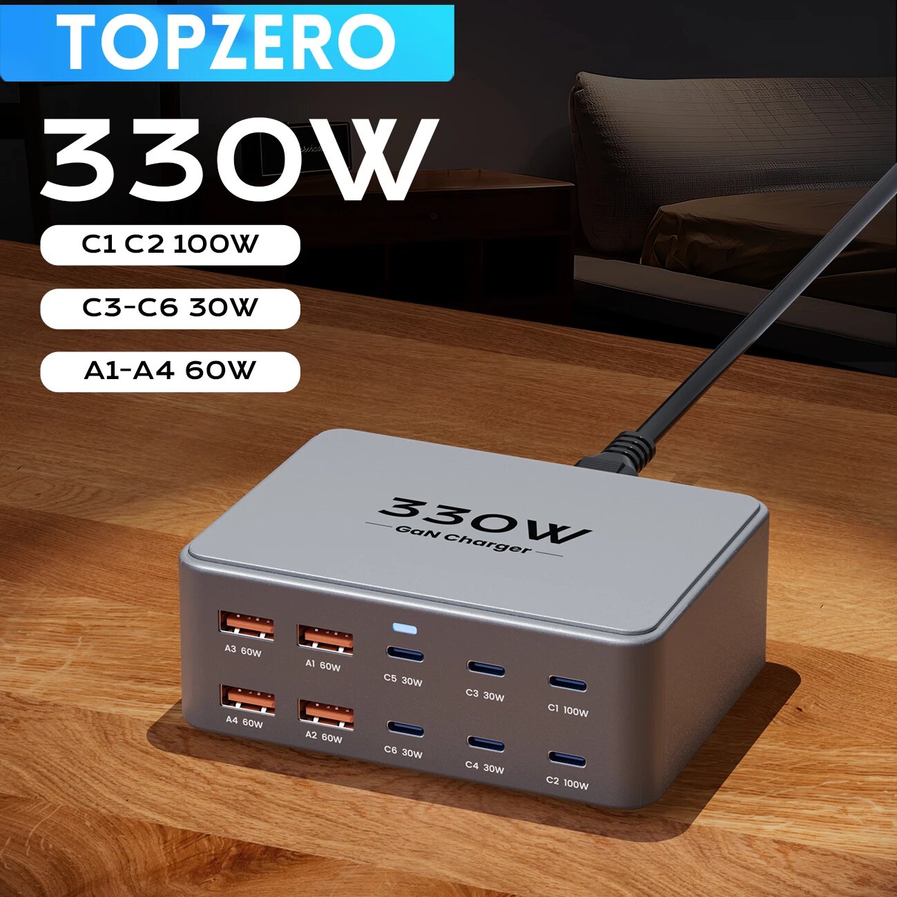 330 Вт Gan USB C Зарядное устройство 10 Портовое настольное зарядное устройство C Model 100 EU Plug