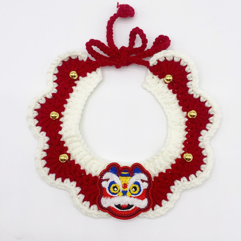 Вязаный ошейник с котиком к Новому году для кошек и собак Цвет：Жемчуг-ЛевРазмер：Основа 20 см