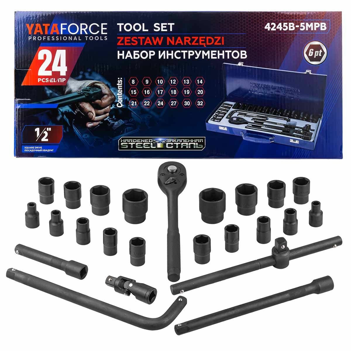 Набор инструментов YATAFORCE 24 предмета 1/2", 6гр, 8-32мм YF-4245B-5MPB(59961)