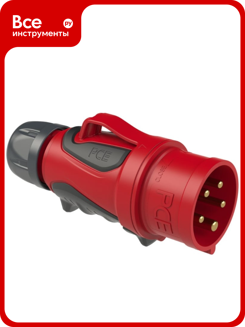 Кабельная вилка PCE 16А 380V 3P+N+E IP44 GRIP 0153-6, полиамидный корпус, кабельная установка, красный цвет, защита
