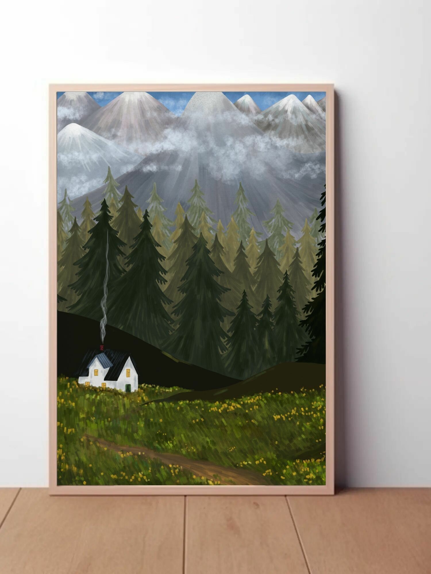 Плакат на стену Домик в горах 30 см на 42 см