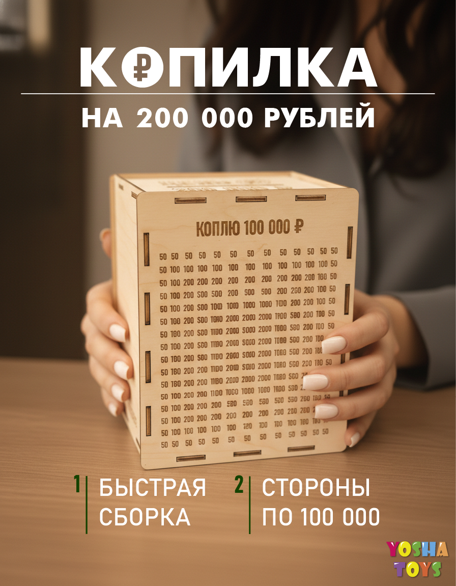 Копилка YOSHATOYS для денег деревянная "Накопи 200 тысяч на мечту"