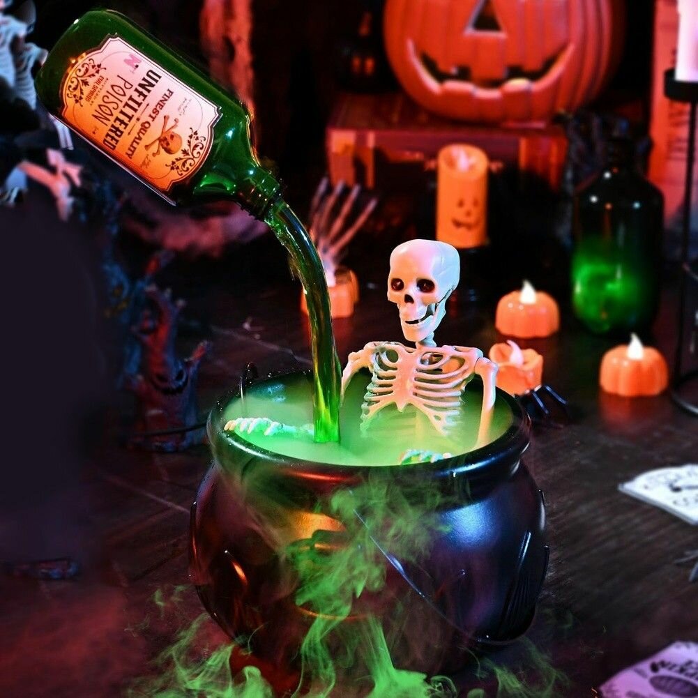 Жуткий декор котла на Хэллоуин с плавающими бутылочками для зелий для винтажного шарма