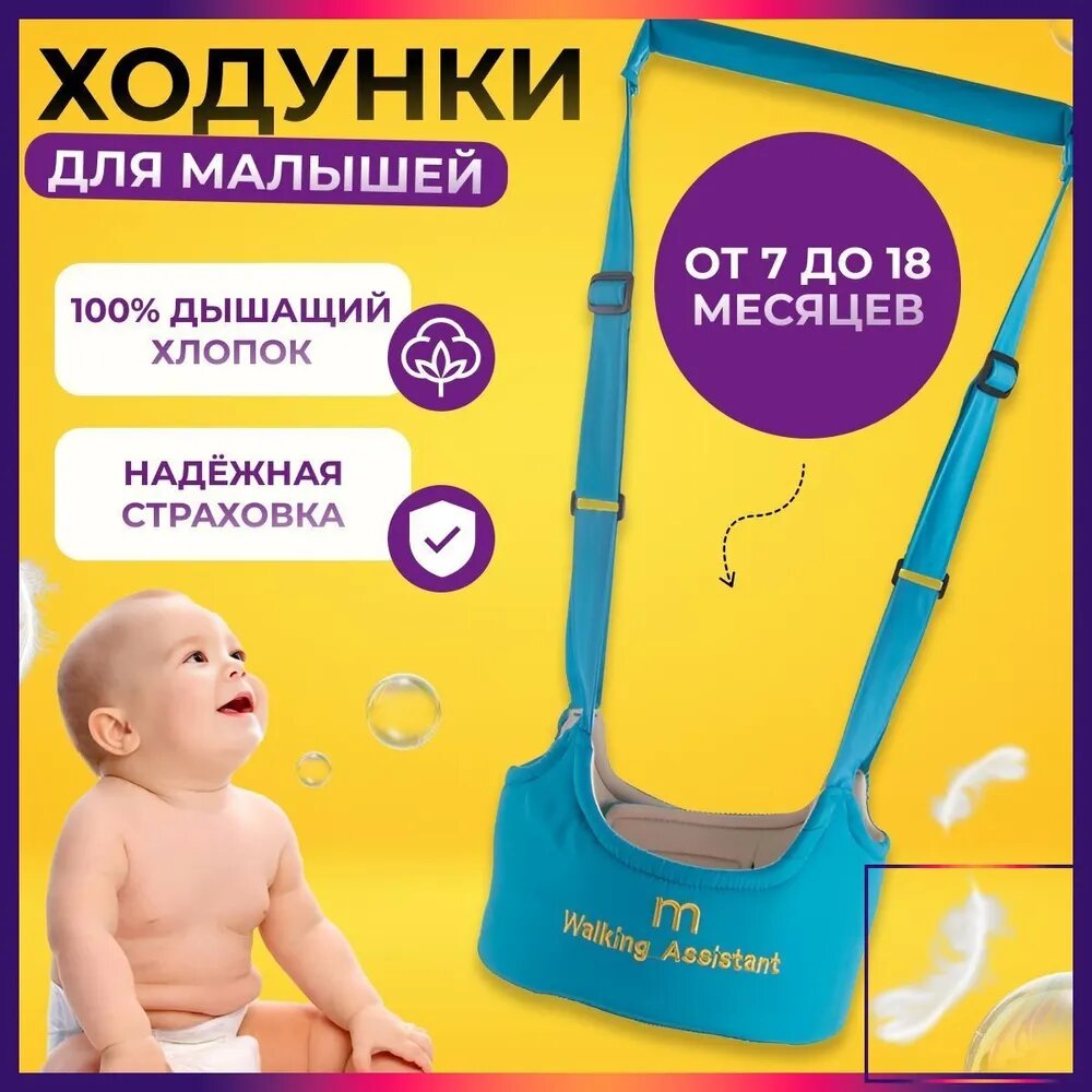 Вожжи для детей "первые шаги" для поддержки и безопасности малышей при ходьбе, детский поводок, ходунки, прыгунки, страховка, синий, Zurkibet