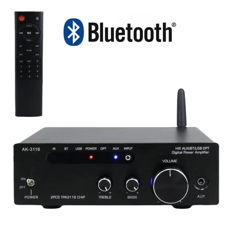 Усилитель мощности AK-3116 Hifi AUX/BT/USB OPT Digital Power Amplifier, Bluetooth, черный