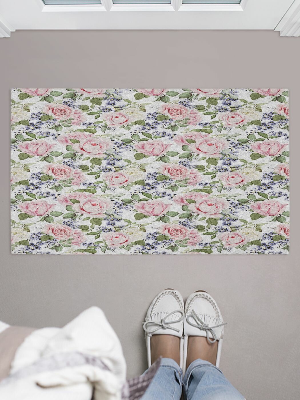 Коврик придверный в прихожую с принтом "Розы и листья" 45 на 75 см , JoyArty