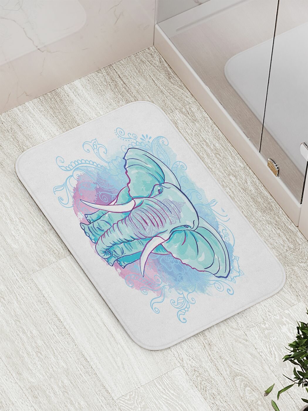 Коврик для ванной комнаты, туалета "Акварельный слон на ажуре" противоскользящий, 52х77 см, JoyArty