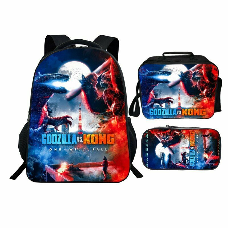 2026 Печатный рюкзак Годзилла против Конга, сумка для обеда Годзилла против Конга, пенал, набор из трех предметов, мультфильм