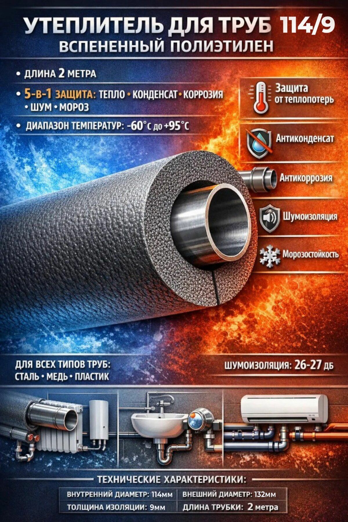 Утеплитель для труб 114/9 - 2 метра (1шт) / вспененный полиэтилен / теплоизоляция / звукоизоляция