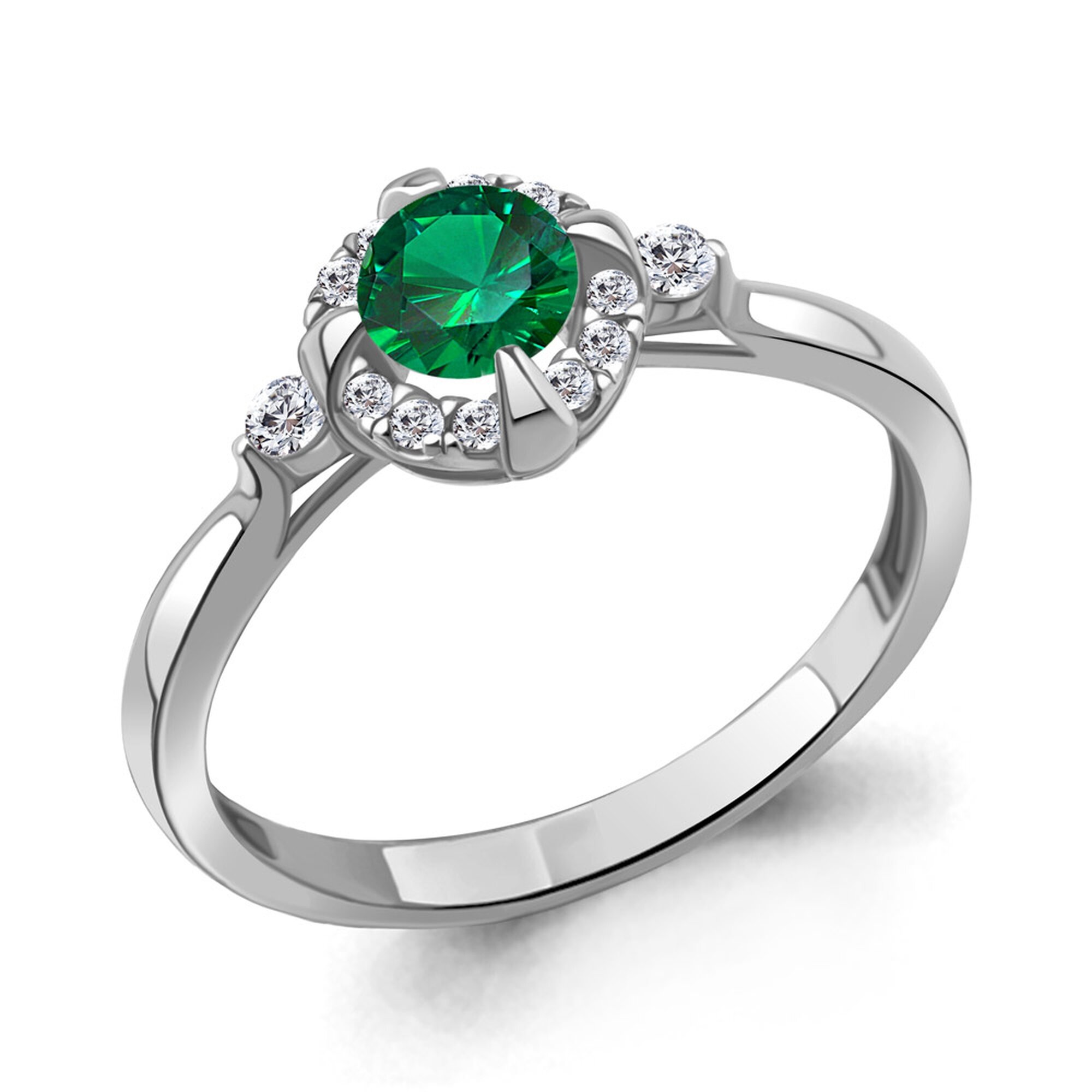 Кольцо, серебро, 925 проба, родирование, фианит, изумруд синтетический