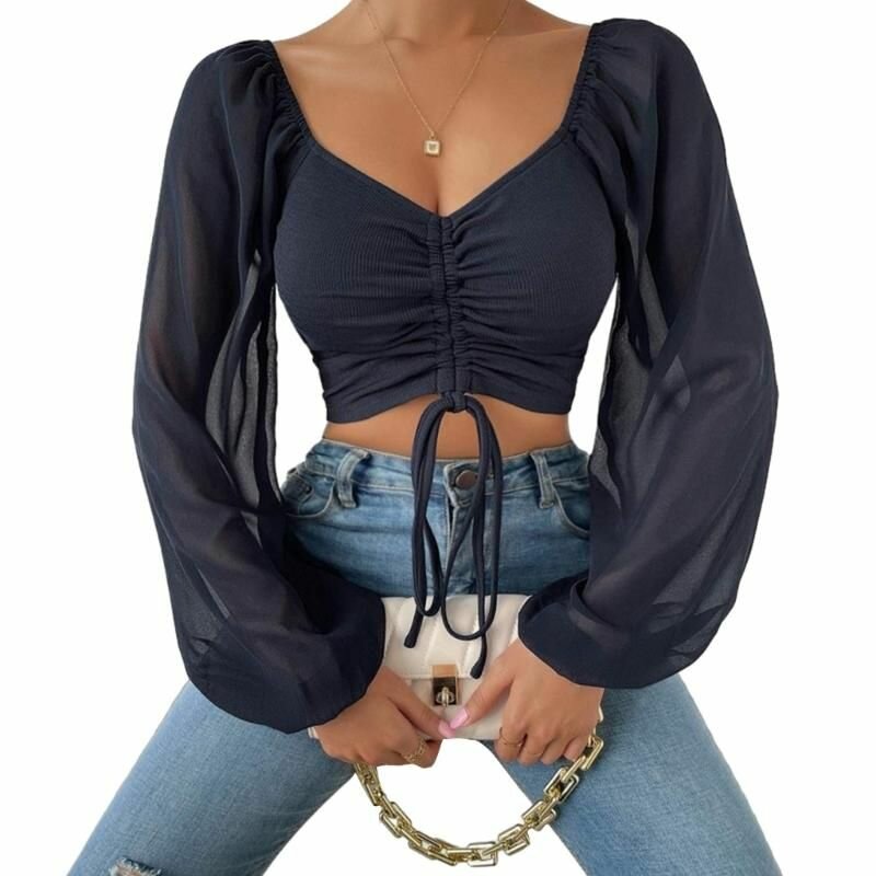 Женская прозрачная блузка из чиффона с длинными рукавами, темно-синий - M