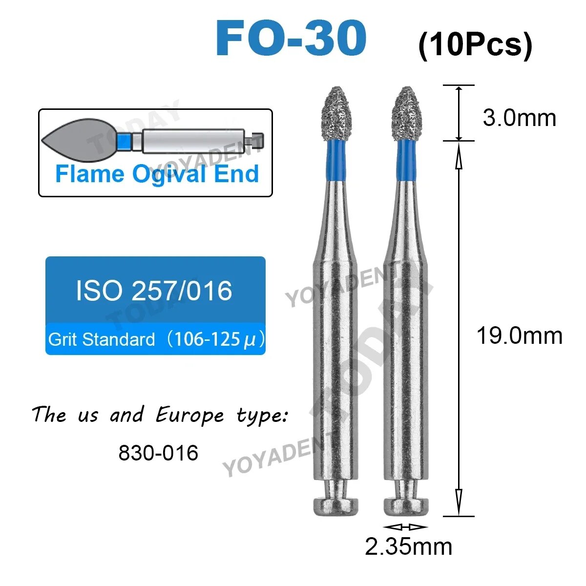 Алмазные буры YOYADENT FO-30, 2.35 мм, 10 шт.