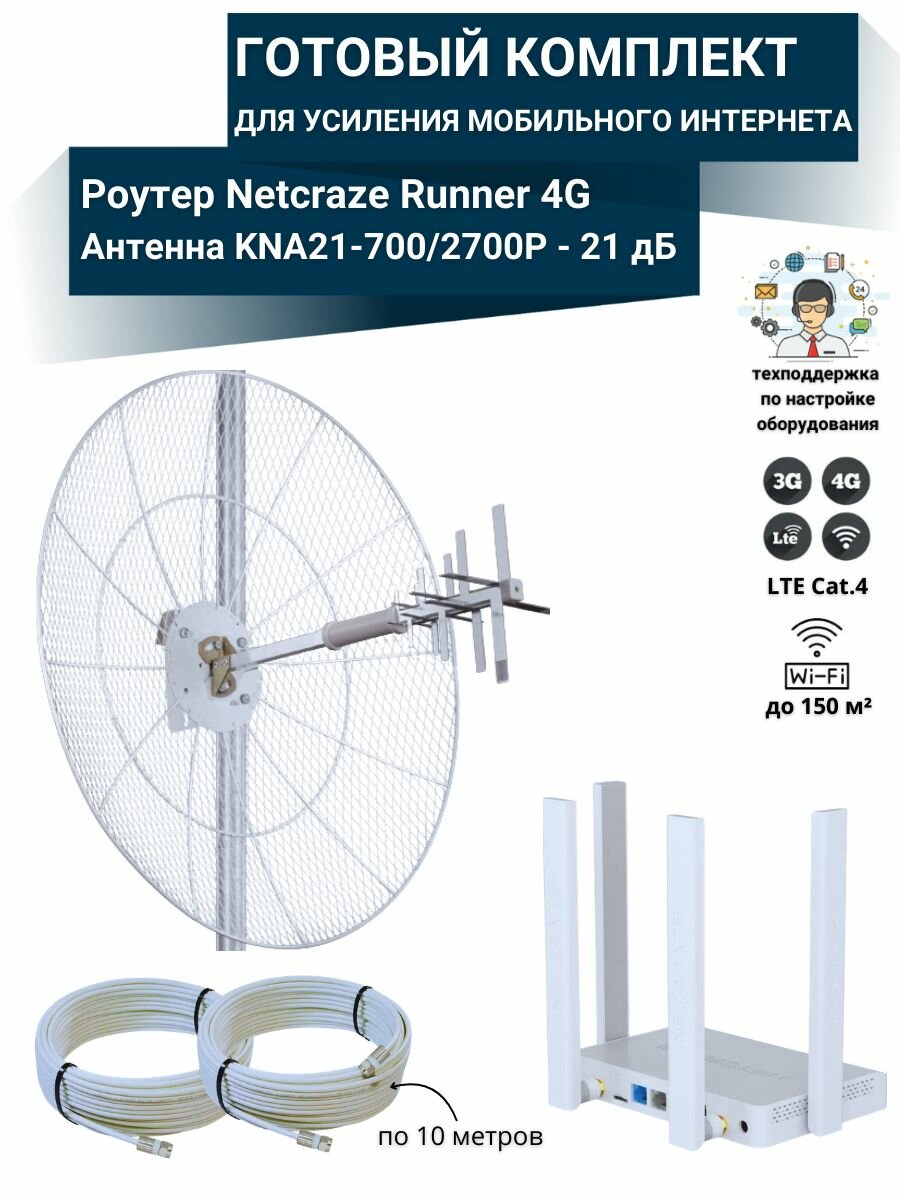 Мобильный интернет на даче, за городом 3G/4G/WI-FI Комплект роутер Netcraze Runner 4G с антенной усилитель KNA21-700/2700P