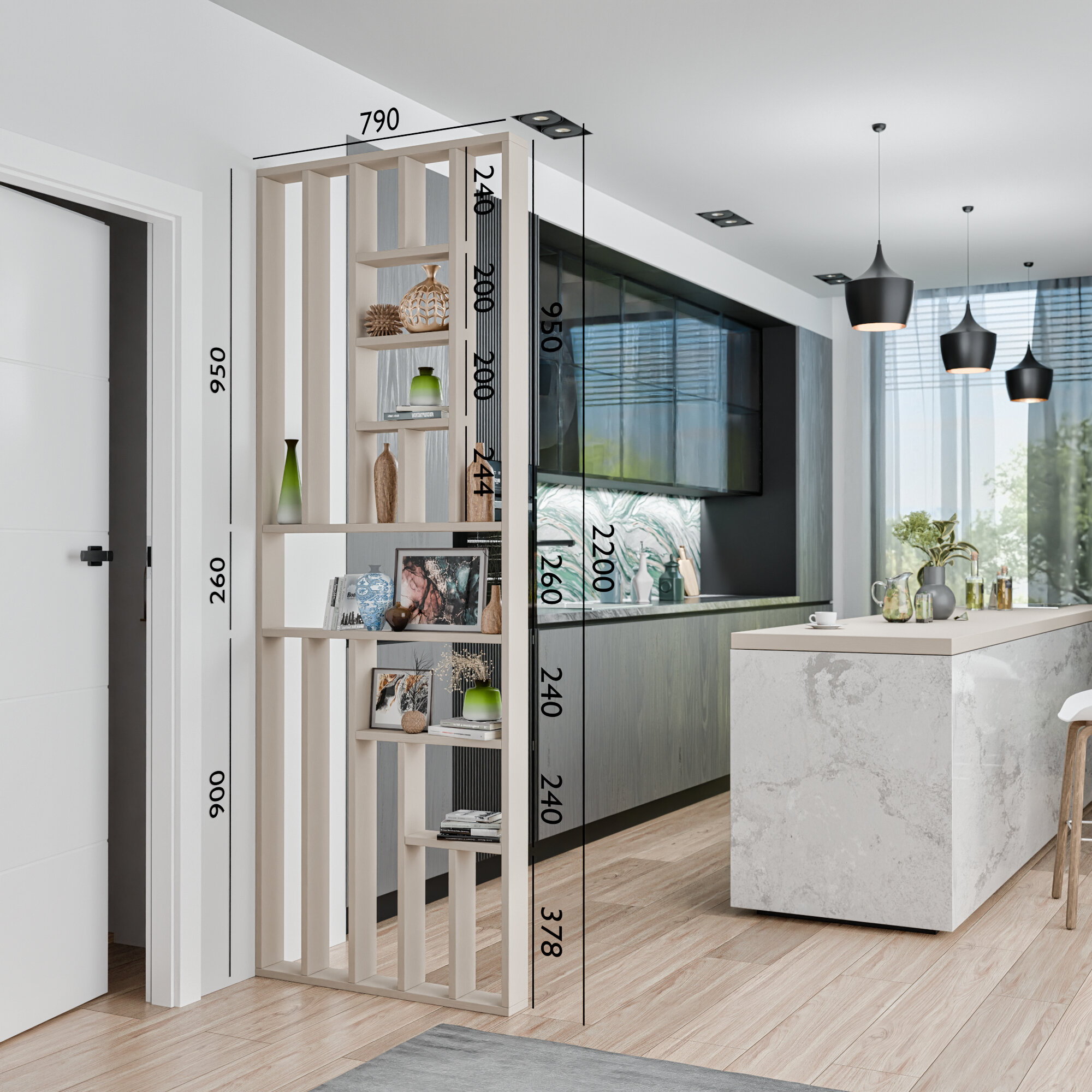 Реечная перегородка с полками, стеллаж для зонирования 790 мм, Кашемир