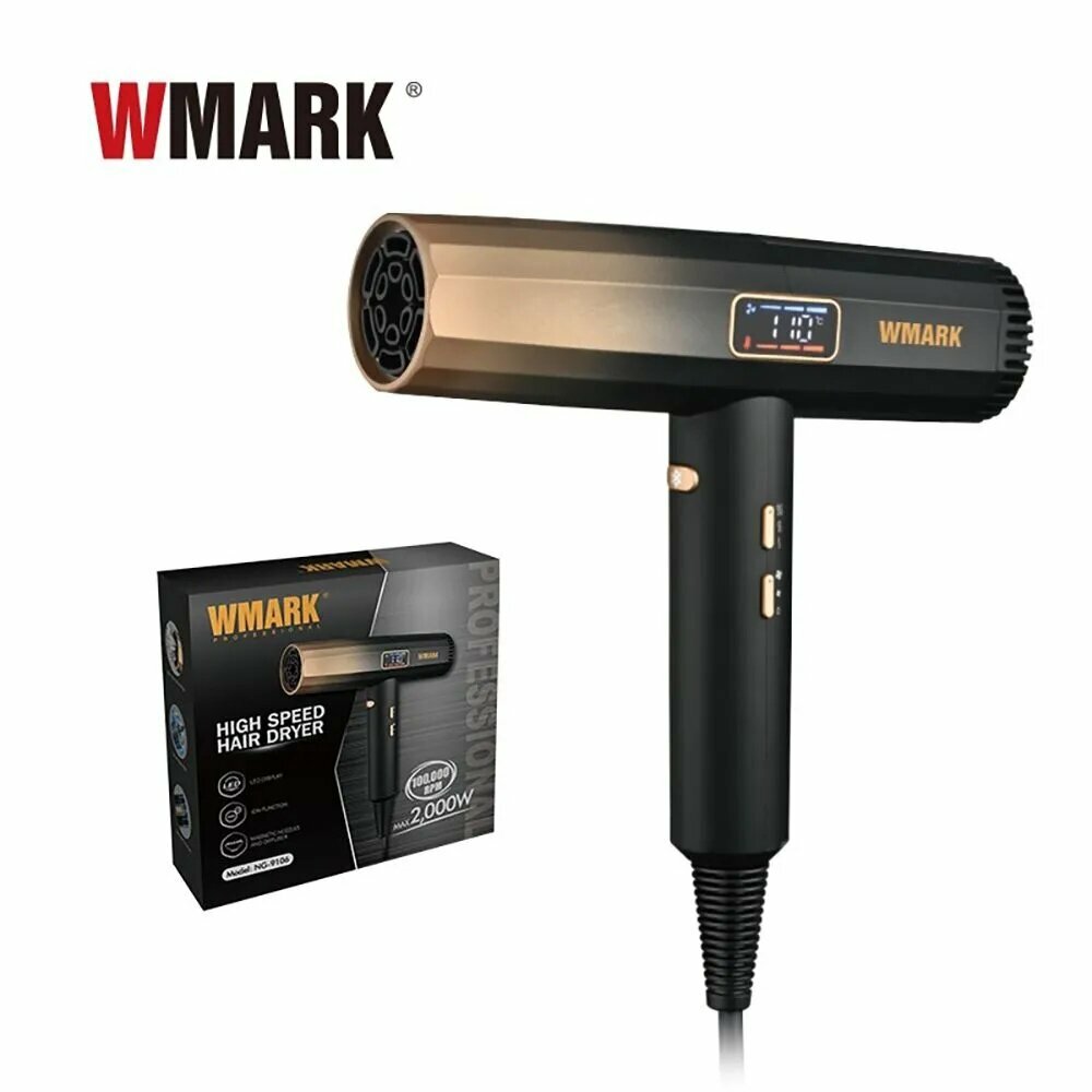 WMARK Фен для волос 9106 2000 Вт, скоростей 3, кол-во насадок 3, золотой