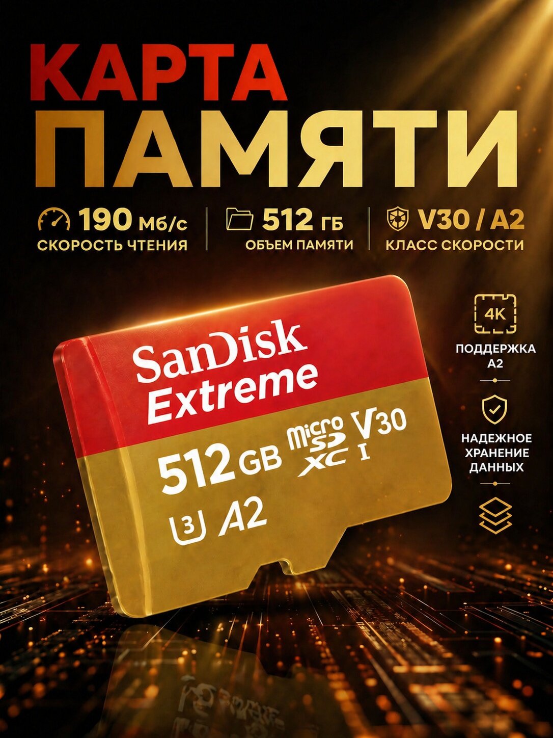 Карта памяти SanDisk MicroSDXC 512 GB Extreme, Чтение 190 MB/s, Запись 90 MB/s