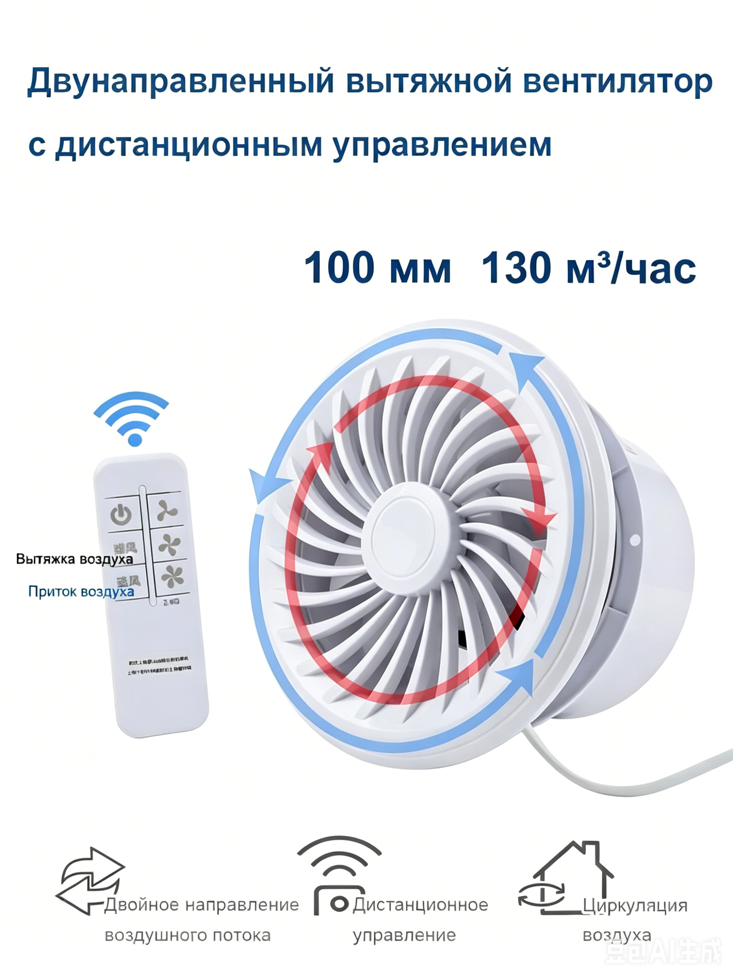 Вентилятор для вытяжки, 4", с дистанционным управлением, медный двигатель