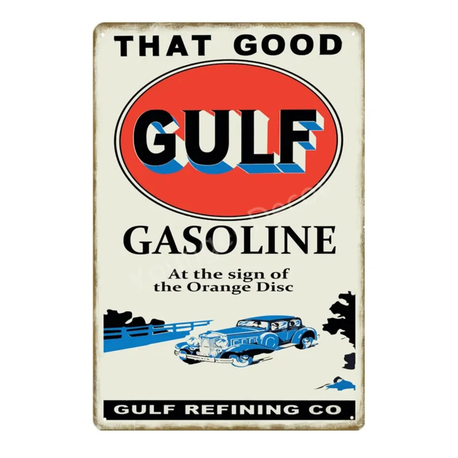 Винтажная вывеска Gulf Gasoline, желтая