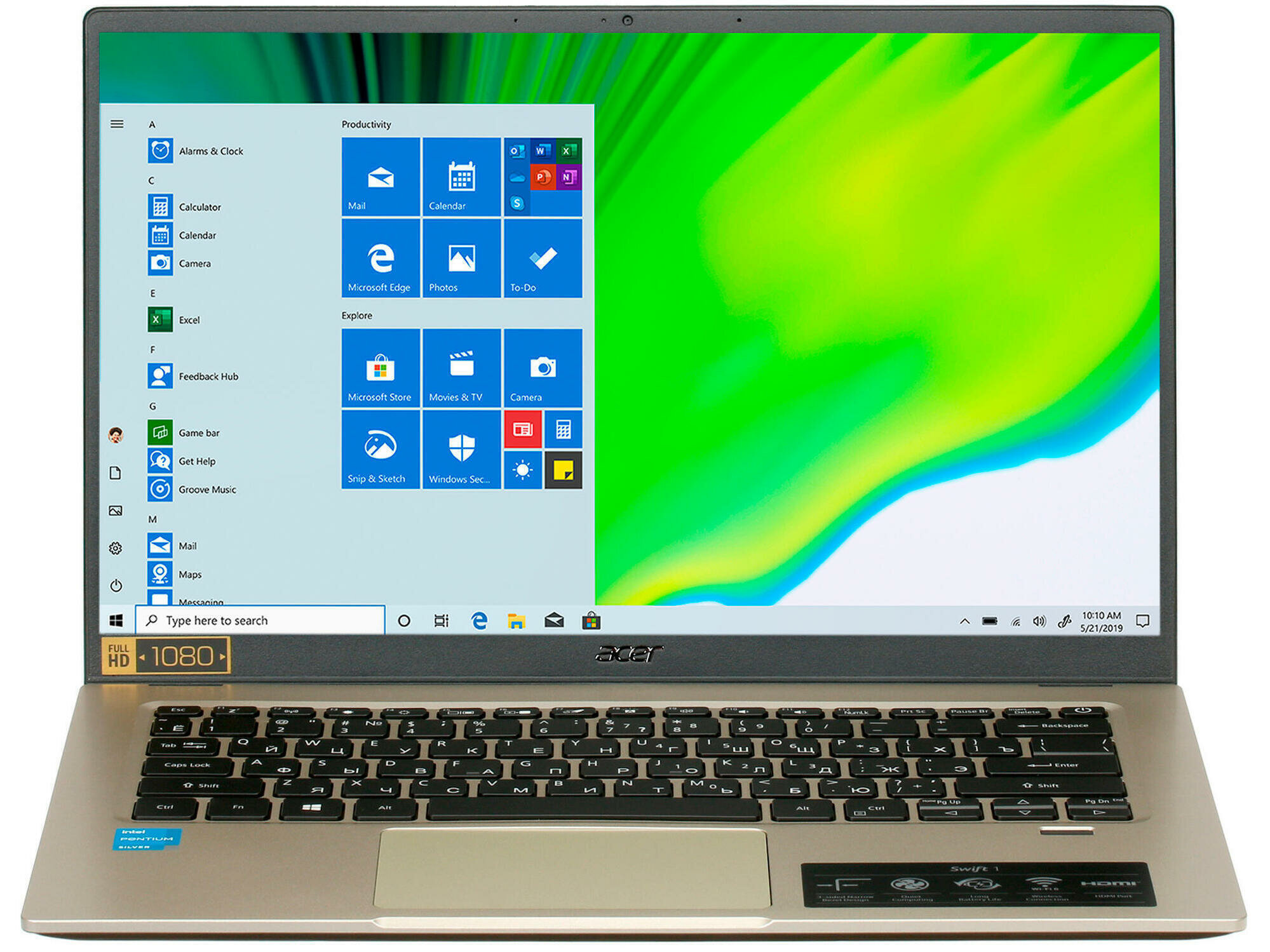 14" Ноутбук Acer Swift 1 SF114-34-P74Y (NX. A7AER.003) золотой - 1920x1080, IPS, Intel Pentium Silver N6000, ядра: 4 x 1,1 ГГц, 4 ГБ, eMMC 64 ГБ, Intel UHD Graphics 615, Windows 10 Home
