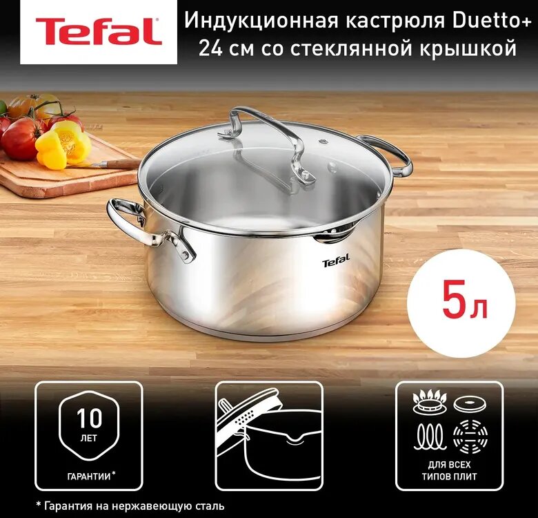 Кастрюля 4.7л Tefal Duetto+ G7194655, нержавеющая сталь, с крышкой 24см