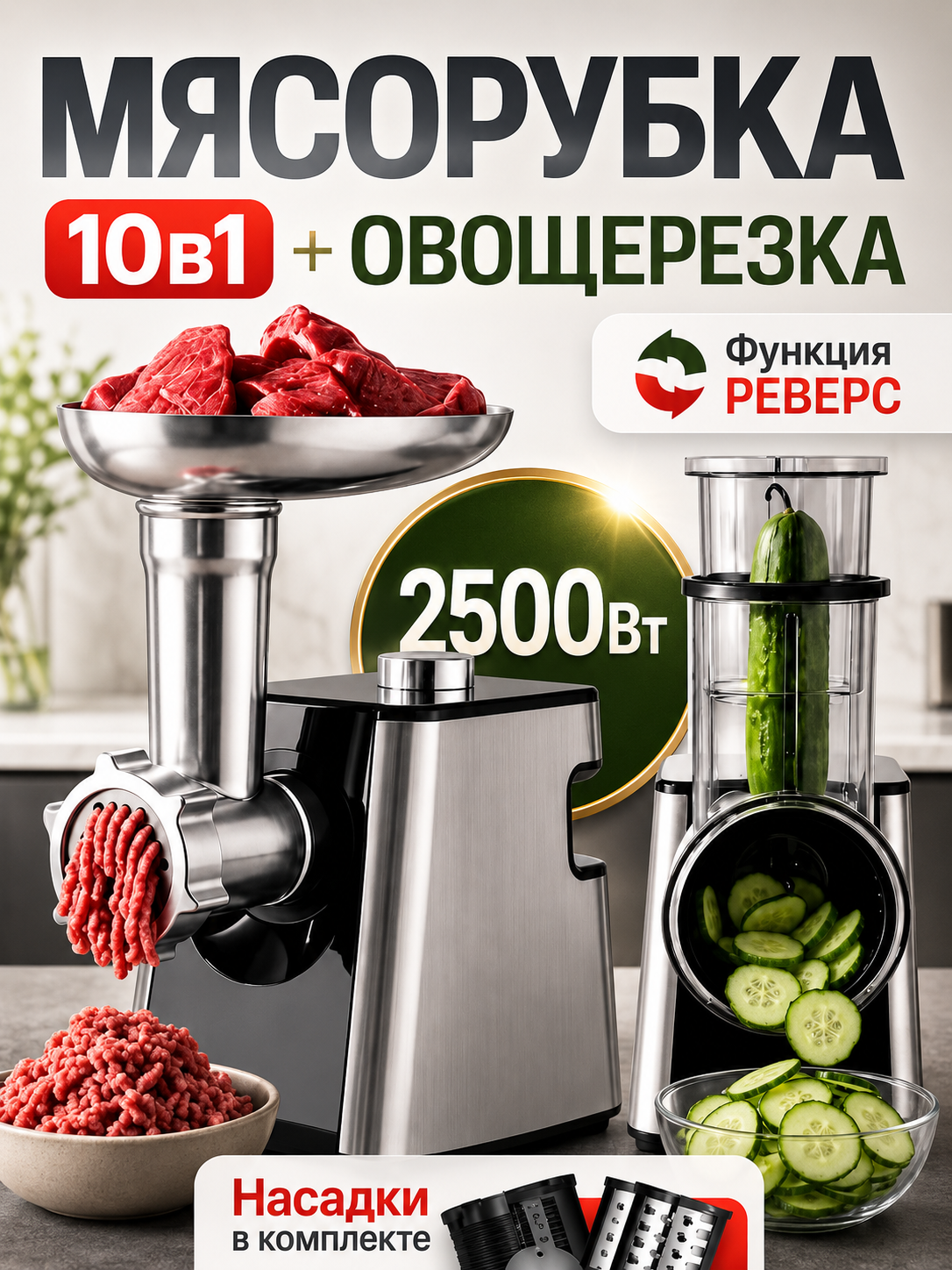 Электрическая мясорубка для кухни 2500 Вт, многофункциональная 10 в 1, полный комплект насадок для мяса, овощей и фарша