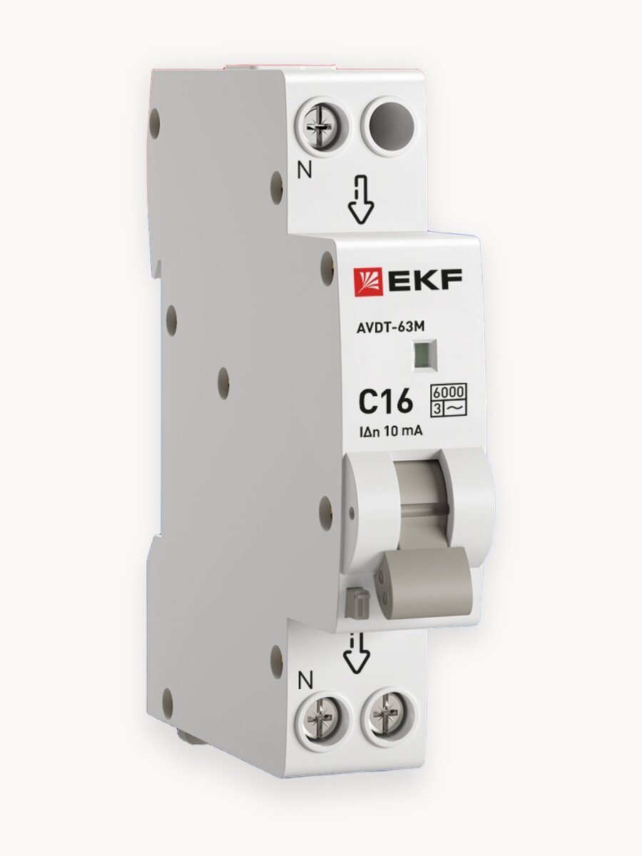 Дифавтомат EKF PROXIMA АВДТ-63М 16А, 10мА, тип АС, х-ка C, 1P+N (двухполюсный), электронный, компактный (1 модуль), 6кА