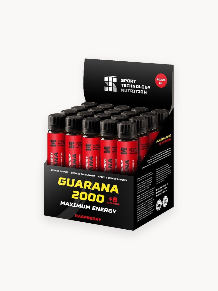 Guarana Гуарана2000, SPORTTECH, малина, без сахара, 20ампул*25 мл, энергия, выносливость, тонус, жиросжигание, похудение