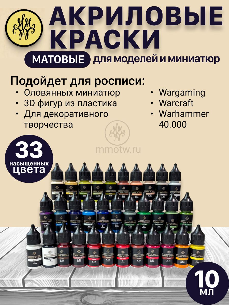 Акриловые краски матовые 33 цвета по 10 мл + грунт, набор для миниатюр, моделей и Warhammer