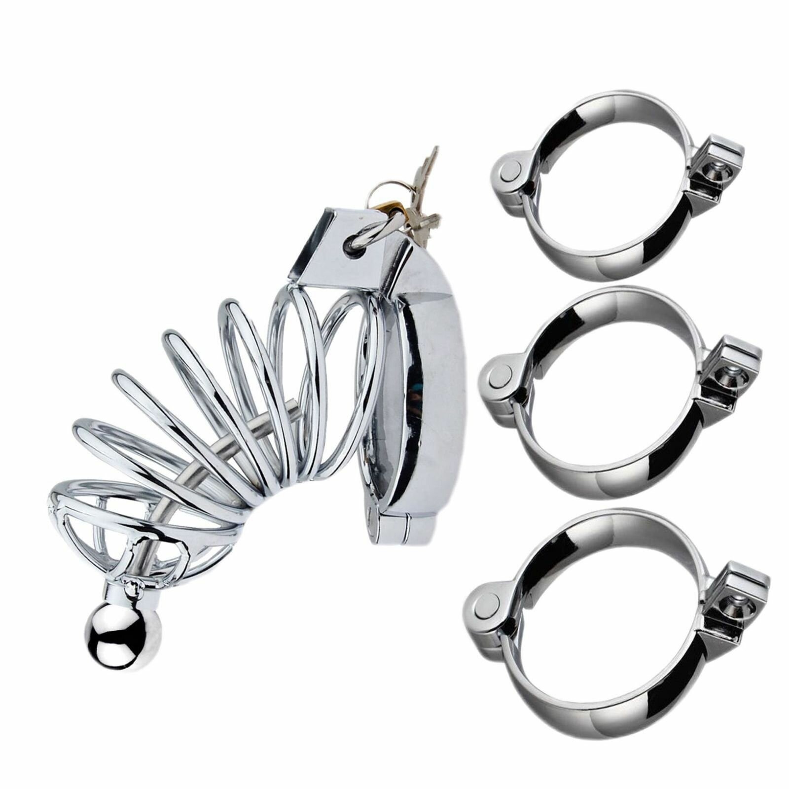 Пояс Верности Мужской 18+, Изготовлен Из Нержавеющей Стали, Оснащен 3 Кольцами Разного Размера И Катетером, Длина Клетки Составляет 90 Мм, Диаметр - 33 Мм, А Вес - 225 Г.