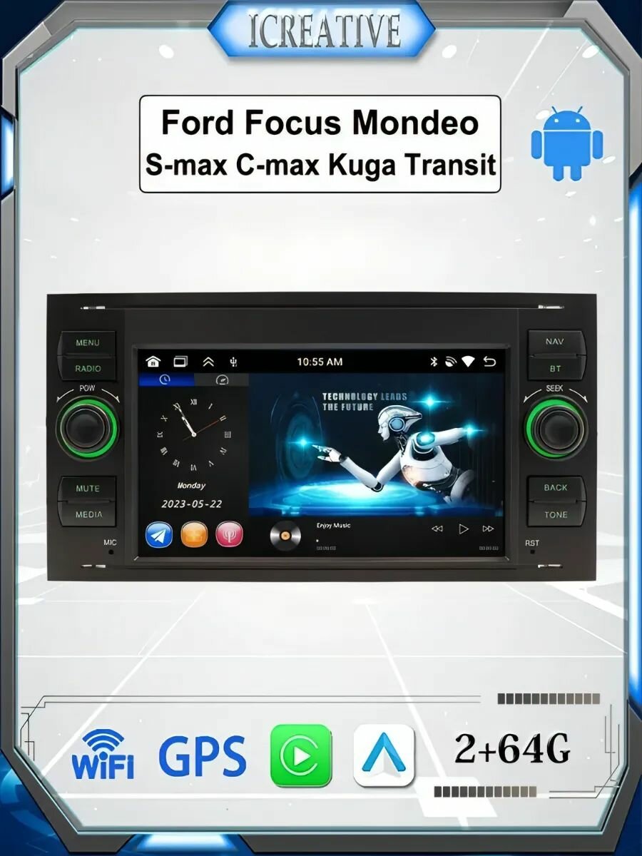 Штатная магнитола 2+64Гб WIFI для 7 дюймов экран Ford Focus 2007 Mondeo S-max C MAX Kuga Galaxy Fiesta Transit Fusion 2 DIN Gps Мультимедиа автомабиля
