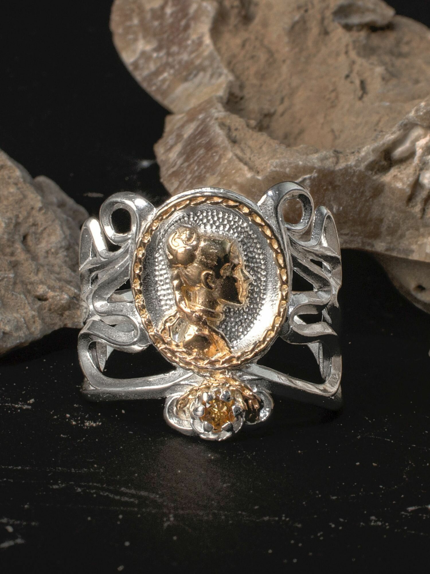 Кольцо, серебро, 925 проба, цитрин