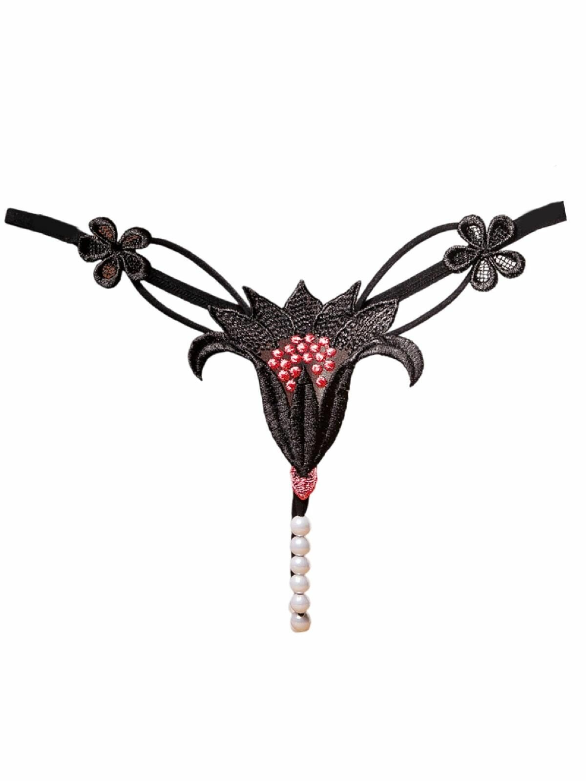 Жемчужные стринги с вышивкой, Черный