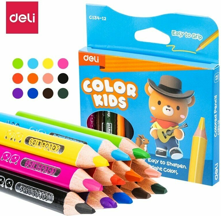 Карандаши цв. Deli EC-134-12 Color Kids трехгран. ассорти 12цв. карт. ) 12 карандашей