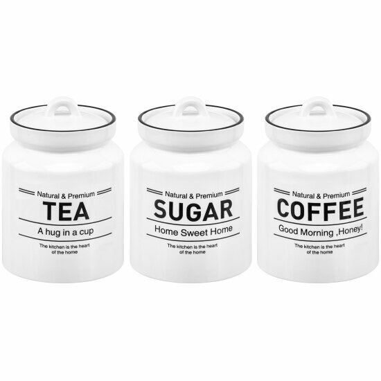 Набор банок для хранения Elan Gallery "Tea, Coffee, Sugar" 3 шт, 1 л, 12х12х17 см, с крышкой, керамика, белый (111019)