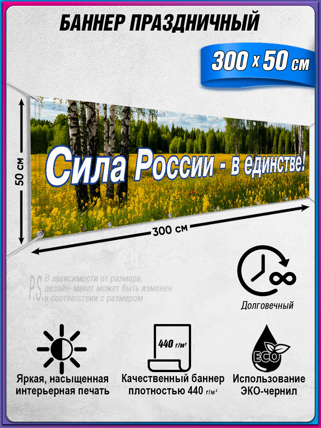 Универсальный баннер на 12 июня, День России "Сила России - в единстве!" / 3x0.5 м.