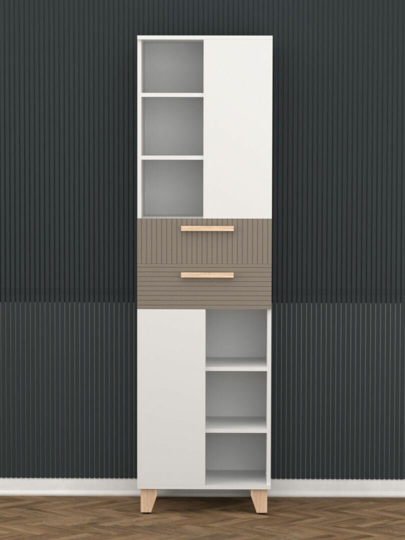 Шкаф пенал с полками Копенгаген Белый / Мускатный орех (12 Стульев)