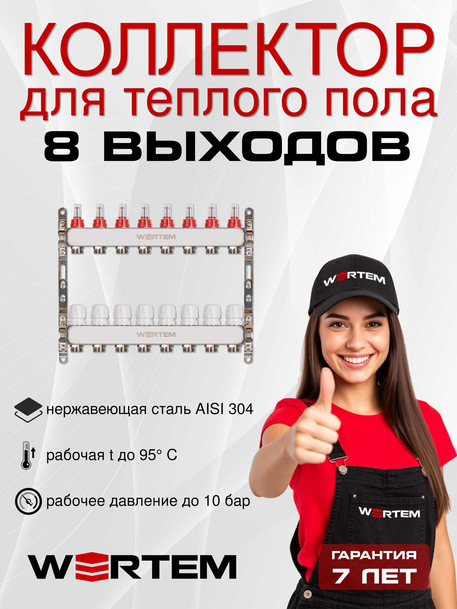 Коллектор для теплого пола на 8 выходов с расходомерами WERTEM