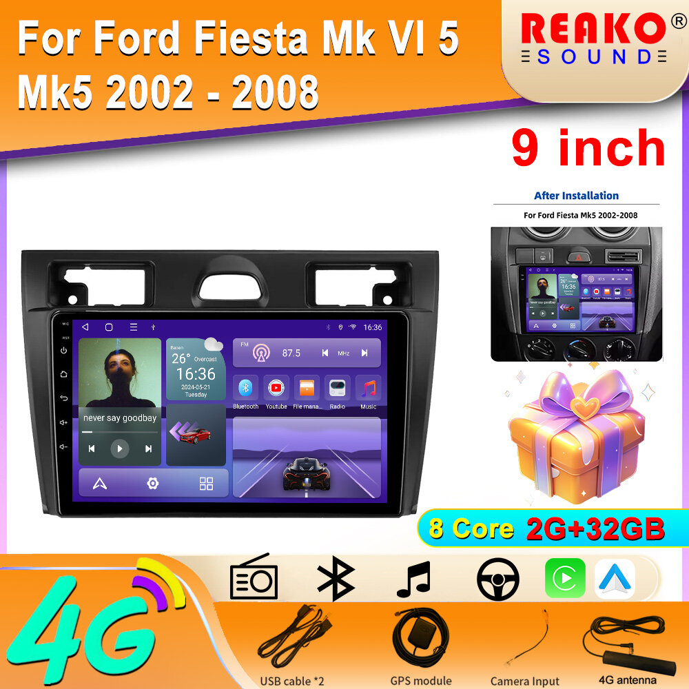 Магнитола для Ford Fiesta Mk VI 5 Mk5 2002 - 2008 , с камерой заднего вида. QLED экран 9 дюймов, Wifi 2din с сенсорным экраном, usb и блютузом.