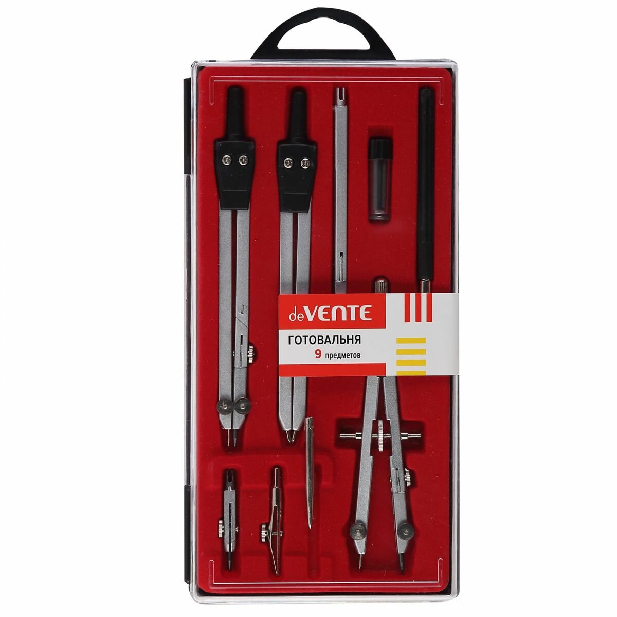 Готовальня 9 предметов для школы в пластиковом футляре deVENTE, набор чертежный, циркуль, кронциркуль, держатель, точилка, грифели в пенале, рейсфедер