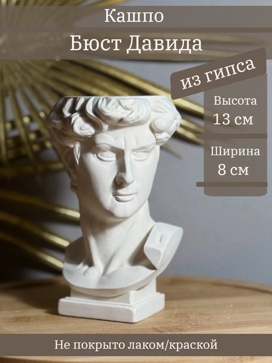 Кашпо Бюст Давида, 13 см, из гипса, ручная работа, без окрашивания