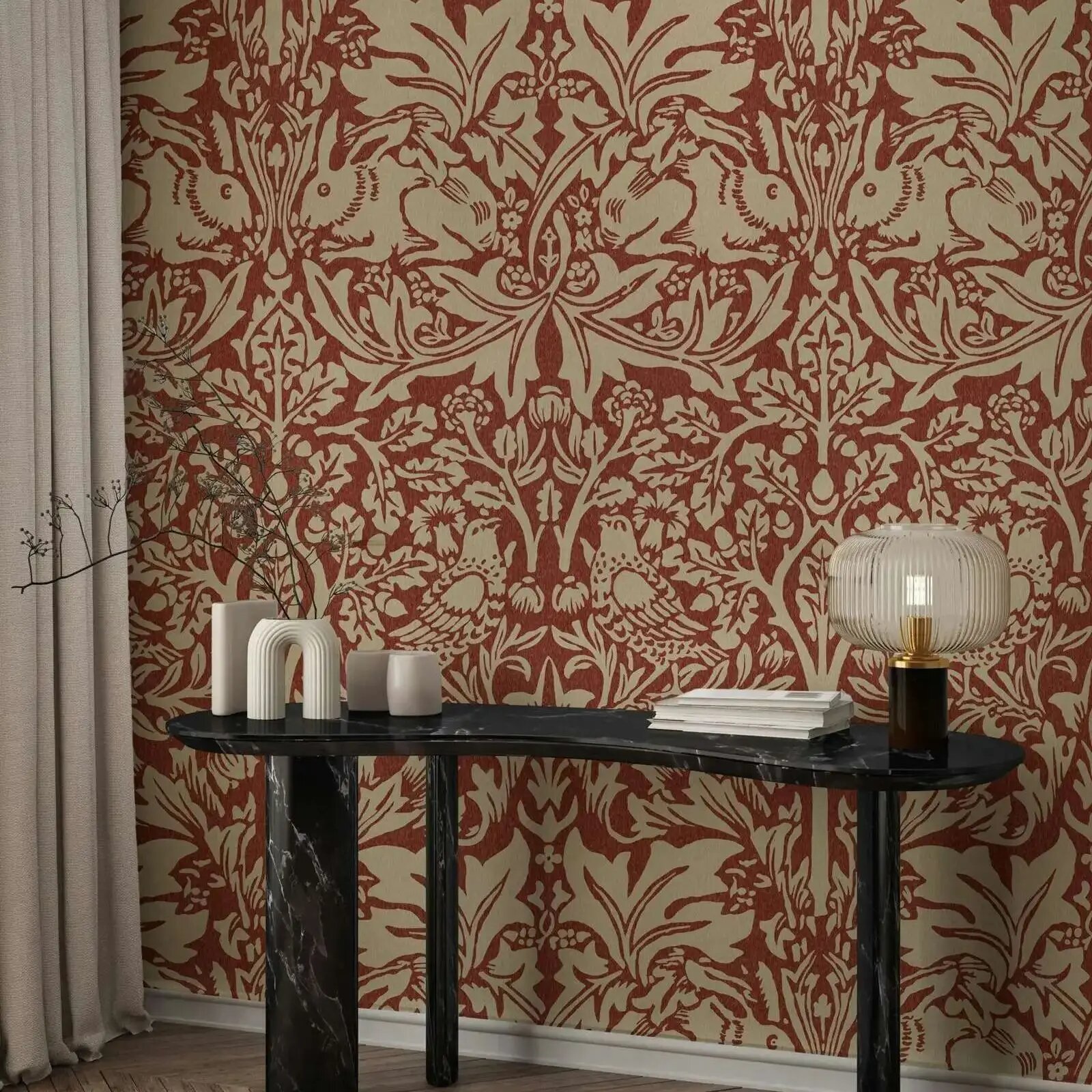Обои William Morris Brer Rabbit, красная бурель, винтажная настенная роспись с цветочным рисунком и животными для украшения комнаты, или настенная бумага без наклеивания, Tradition Un-pasted, 50cm x 300cm