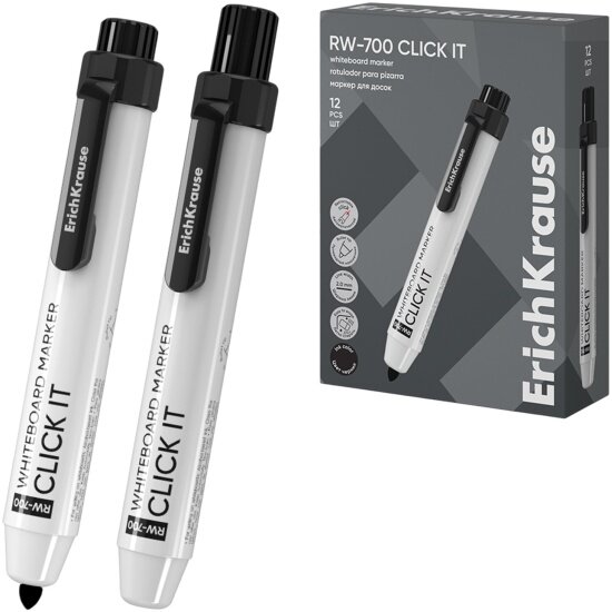 Маркер стираемый Erich Krause для белой доски автоматический RW-700 "Click it", черный, 2 мм, 60830