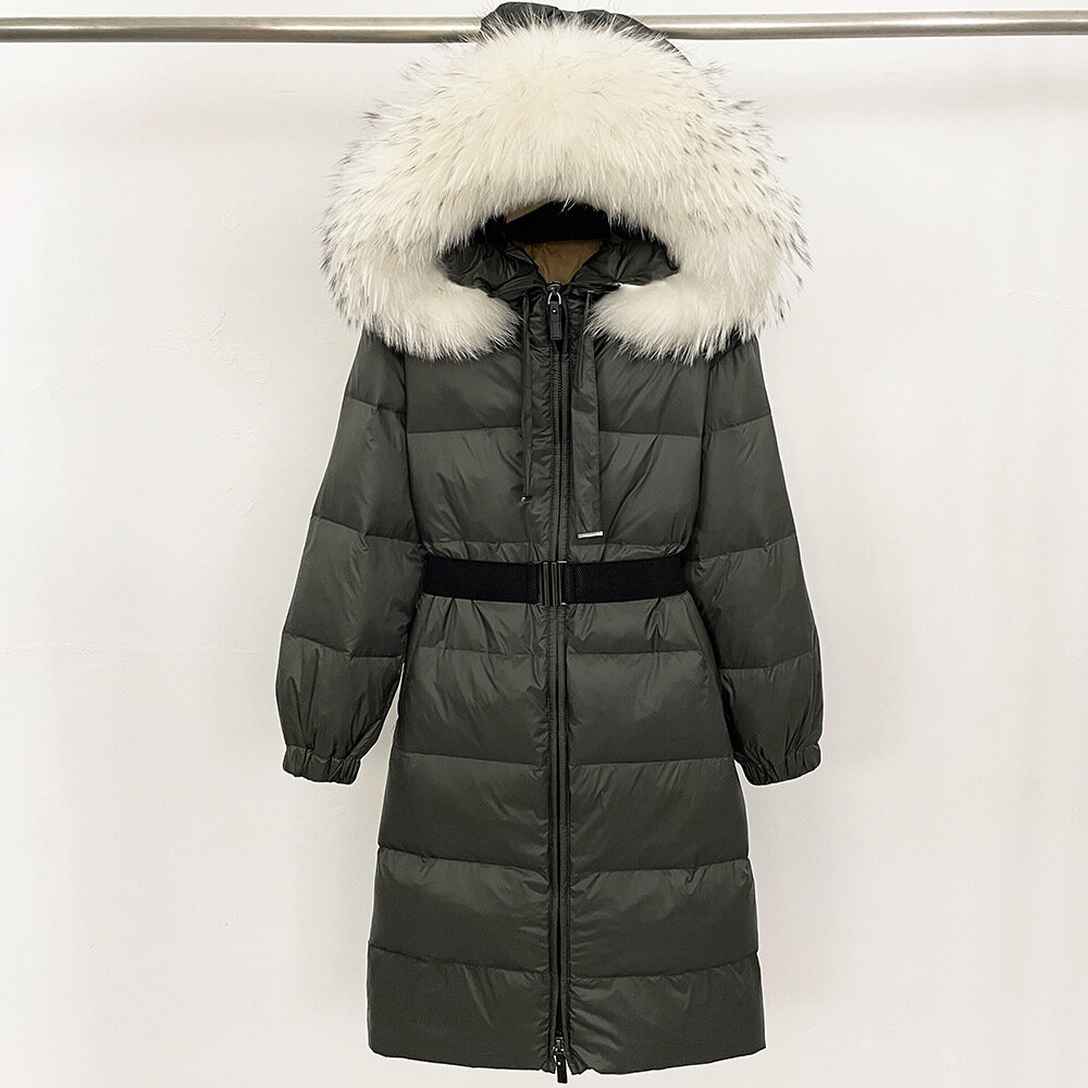 Зимняя длинная женская куртка-пуховик с большим меховым воротником и капюшоном, высококачественная куртка из белого утиного пуха, универсальное теплое пальто выше колена